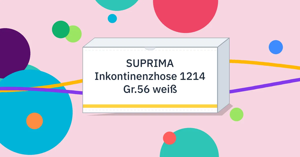 Symbolbild: Packung mit der Aufschrift SUPRIMA Inkontinenzhose 1214 Gr.56 weiß (PZN 02852598) – Verfügbarkeit und Bezug in Apotheken in Frankfurt am Main