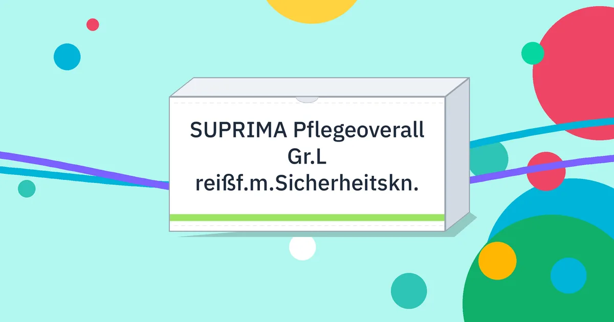 Symbolbild: Packung mit der Aufschrift SUPRIMA Pflegeoverall Gr.L reißf.m.Sicherheitskn. (PZN 00939711) – Verfügbarkeit und Bezug in Apotheken in Frankfurt am Main