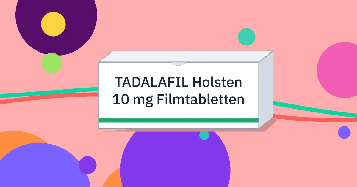Symbolbild: Packung mit der Aufschrift TADALAFIL Holsten 10 mg Filmtabletten (PZN 19208683) – Verfügbarkeit und Bezug in Apotheken in Frankfurt am Main