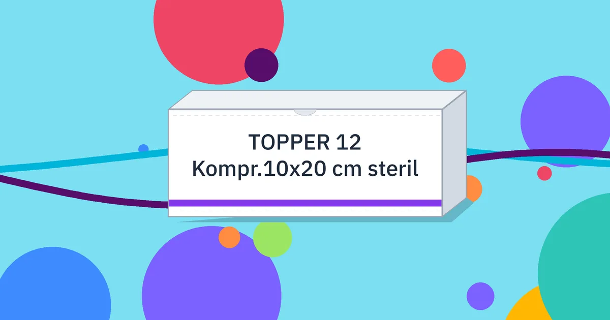 Symbolbild: Packung mit der Aufschrift TOPPER 12 Kompr.10x20 cm steril (PZN 03307207) – Verfügbarkeit und Bezug in Apotheken in Frankfurt am Main