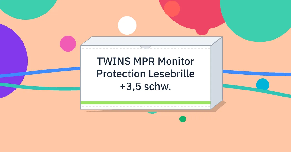 Symbolbild: Packung mit der Aufschrift TWINS MPR Monitor Protection Lesebrille +3,5 schw. (PZN 13344304) – Verfügbarkeit und Bezug in Apotheken in Frankfurt am Main