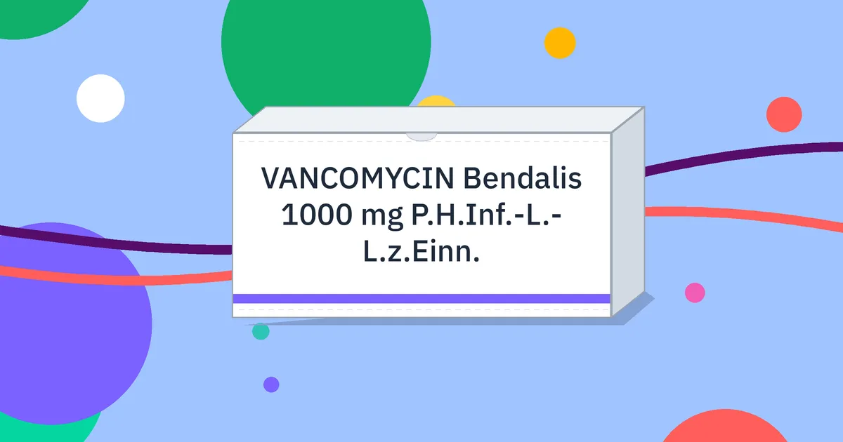 Symbolbild: Packung mit der Aufschrift VANCOMYCIN Bendalis 1000 mg P.H.Inf.-L.-L.z.Einn. (PZN 19820786) – Verfügbarkeit und Bezug in Apotheken in Frankfurt am Main