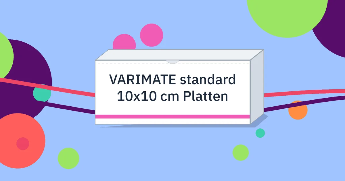 Symbolbild: Packung mit der Aufschrift VARIMATE standard 10x10 cm Platten (PZN 02787582) – Verfügbarkeit und Bezug in Apotheken in Frankfurt am Main