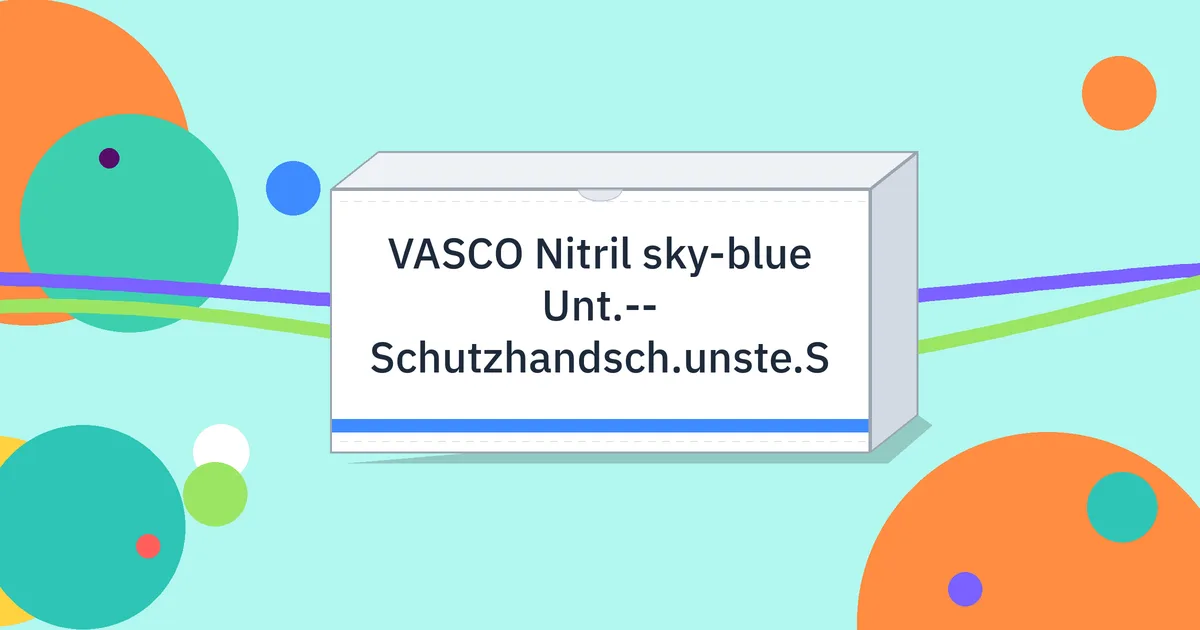 Symbolbild: Packung mit der Aufschrift VASCO Nitril sky-blue Unt.--Schutzhandsch.unste.S (PZN 18713953) – Verfügbarkeit und Bezug in Apotheken in Frankfurt am Main