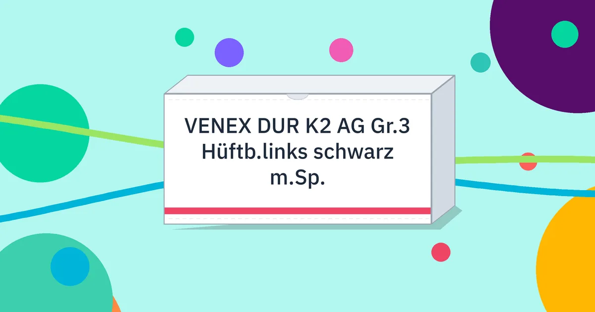 Symbolbild: Packung mit der Aufschrift VENEX DUR K2 AG Gr.3 Hüftb.links schwarz m.Sp. (PZN 03227419) – Verfügbarkeit und Bezug in Apotheken in Frankfurt am Main