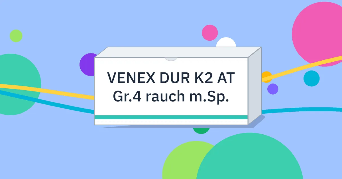 Symbolbild: Packung mit der Aufschrift VENEX DUR K2 AT Gr.4 rauch m.Sp. (PZN 03221687) – Verfügbarkeit und Bezug in Apotheken in Frankfurt am Main