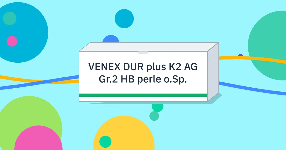 Symbolbild: Packung mit der Aufschrift VENEX DUR plus K2 AG Gr.2 HB perle o.Sp. (PZN 03237369) – Verfügbarkeit und Bezug in Apotheken in Frankfurt am Main