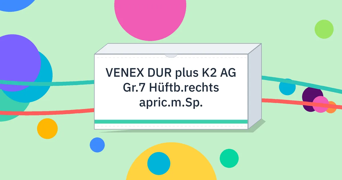 Symbolbild: Packung mit der Aufschrift VENEX DUR plus K2 AG Gr.7 Hüftb.rechts apric.m.Sp. (PZN 03239339) – Verfügbarkeit und Bezug in Apotheken in Frankfurt am Main