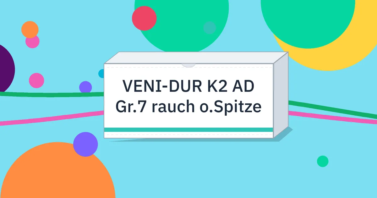 Symbolbild: Packung mit der Aufschrift VENI-DUR K2 AD Gr.7 rauch o.Spitze (PZN 03243482) – Verfügbarkeit und Bezug in Apotheken in Frankfurt am Main