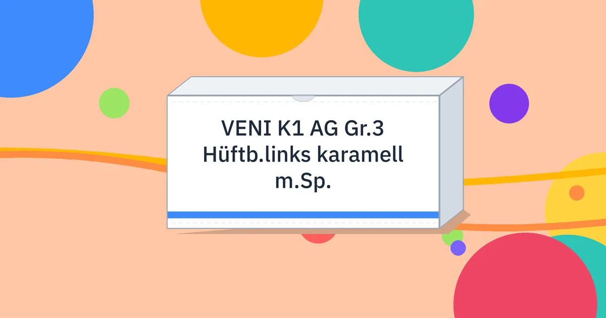 Symbolbild: Packung mit der Aufschrift VENI K1 AG Gr.3 Hüftb.links karamell m.Sp. (PZN 13760178) – Verfügbarkeit und Bezug in Apotheken in Frankfurt am Main