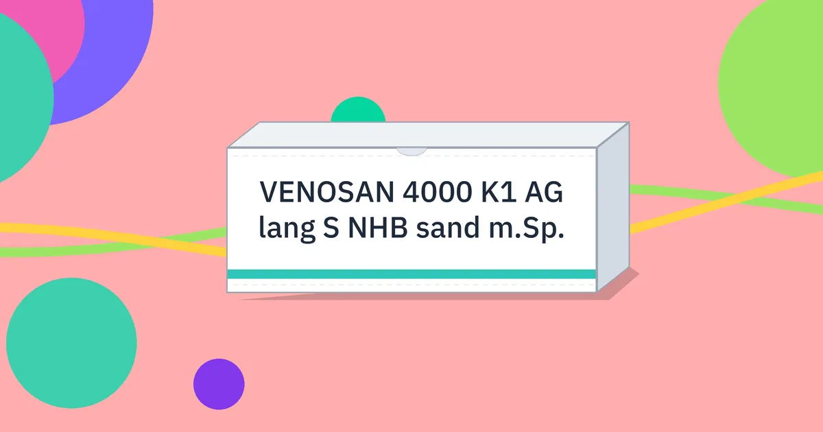 Symbolbild: Packung mit der Aufschrift VENOSAN 4000 K1 AG lang S NHB sand m.Sp. (PZN 14422118) – Verfügbarkeit und Bezug in Apotheken in Frankfurt am Main