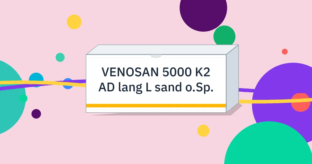 Symbolbild: Packung mit der Aufschrift VENOSAN 5000 K2 AD lang L sand o.Sp. (PZN 14428523) – Verfügbarkeit und Bezug in Apotheken in Frankfurt am Main