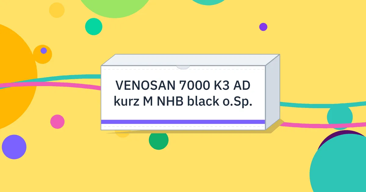 Symbolbild: Packung mit der Aufschrift VENOSAN 7000 K3 AD kurz M NHB black o.Sp. (PZN 14436385) – Verfügbarkeit und Bezug in Apotheken in Frankfurt am Main