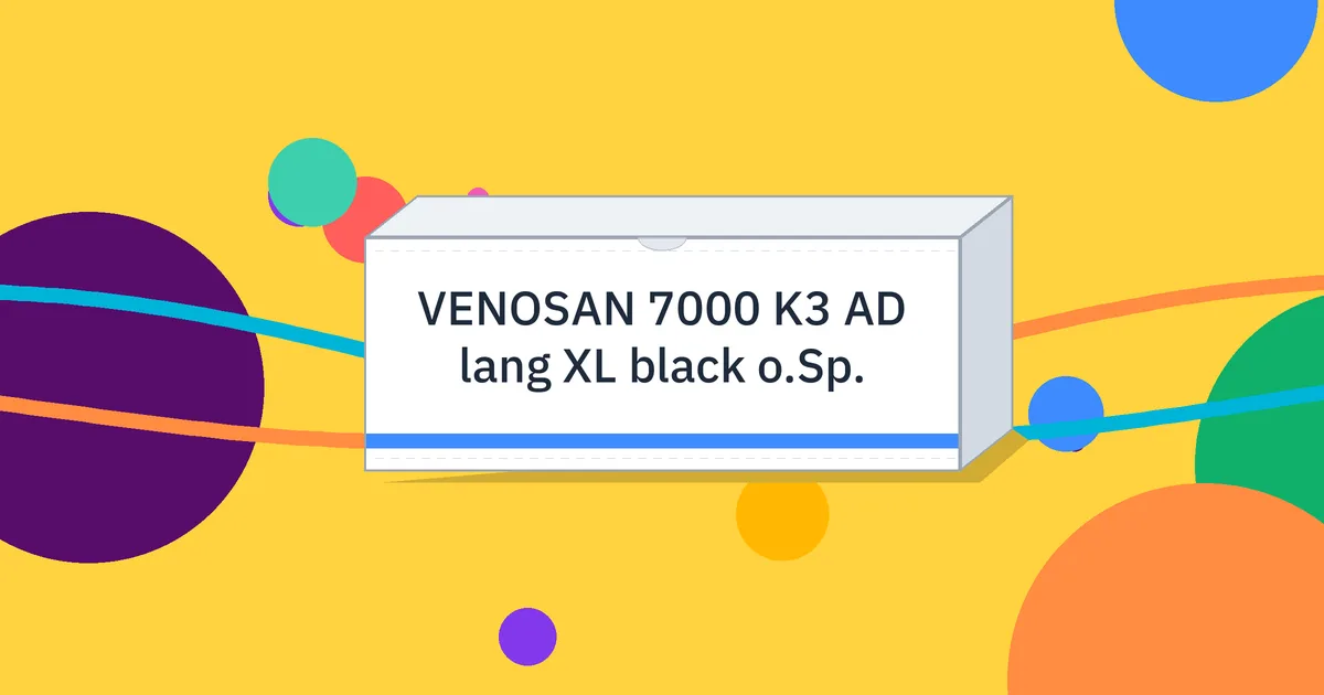 Symbolbild: Packung mit der Aufschrift VENOSAN 7000 K3 AD lang XL black o.Sp. (PZN 14436103) – Verfügbarkeit und Bezug in Apotheken in Frankfurt am Main