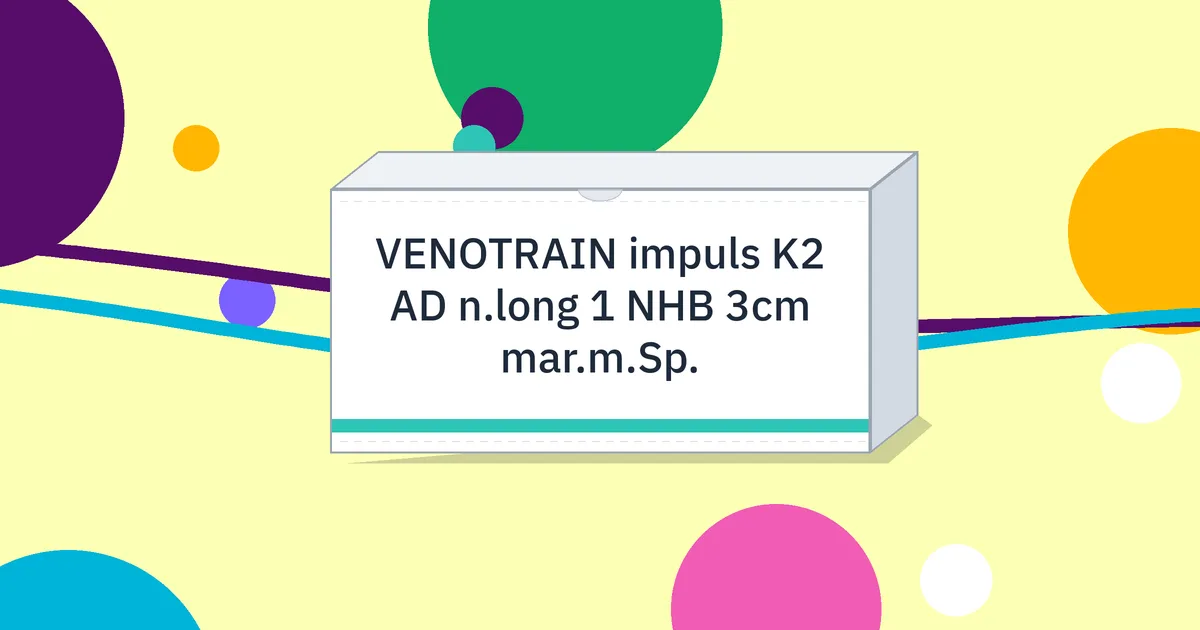 Symbolbild: Packung mit der Aufschrift VENOTRAIN impuls K2 AD n.long 1 NHB 3cm mar.m.Sp. (PZN 15223473) – Verfügbarkeit und Bezug in Apotheken in Frankfurt am Main