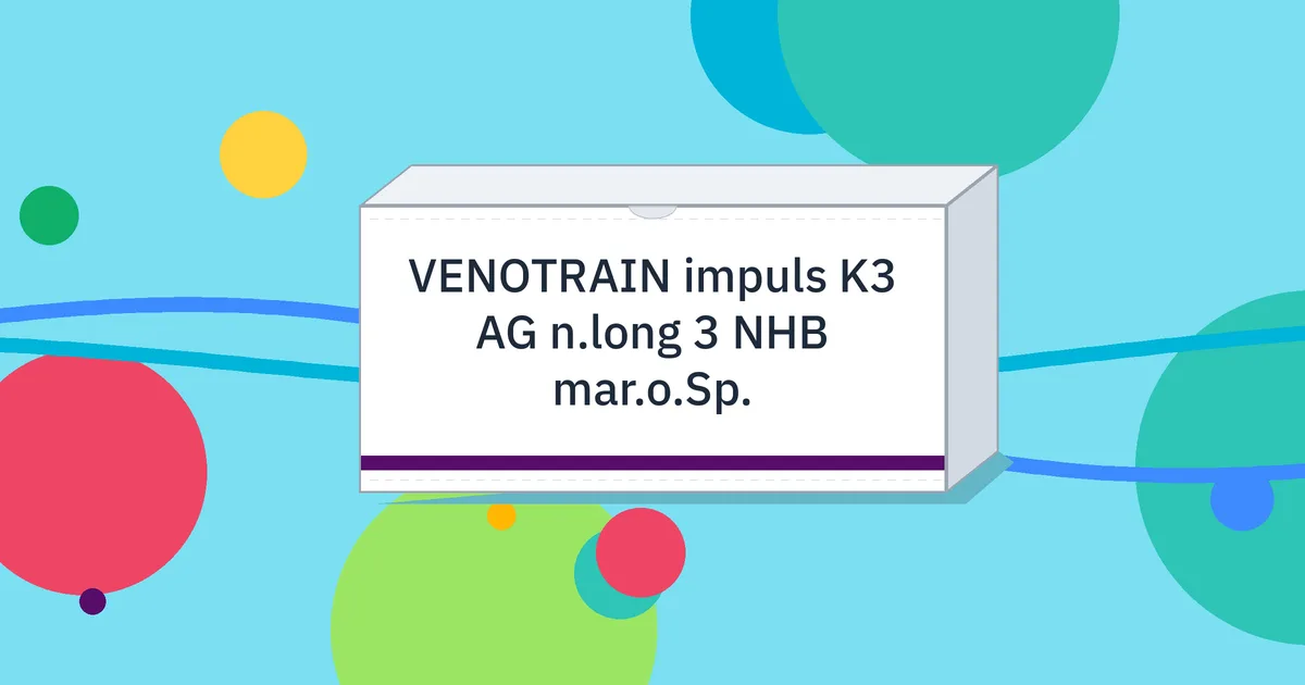 Symbolbild: Packung mit der Aufschrift VENOTRAIN impuls K3 AG n.long 3 NHB mar.o.Sp. (PZN 15215597) – Verfügbarkeit und Bezug in Apotheken in Frankfurt am Main