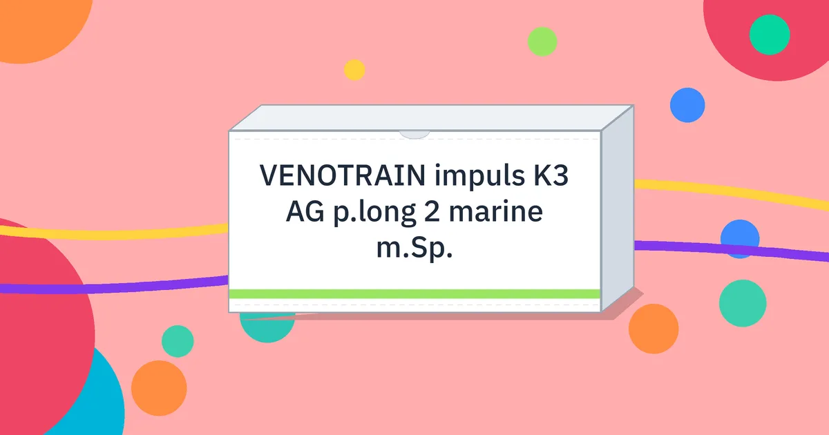 Symbolbild: Packung mit der Aufschrift VENOTRAIN impuls K3 AG p.long 2 marine m.Sp. (PZN 15213055) – Verfügbarkeit und Bezug in Apotheken in Frankfurt am Main