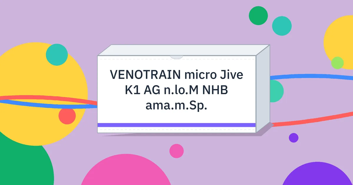Symbolbild: Packung mit der Aufschrift VENOTRAIN micro Jive K1 AG n.lo.M NHB ama.m.Sp. (PZN 17764954) – Verfügbarkeit und Bezug in Apotheken in Frankfurt am Main
