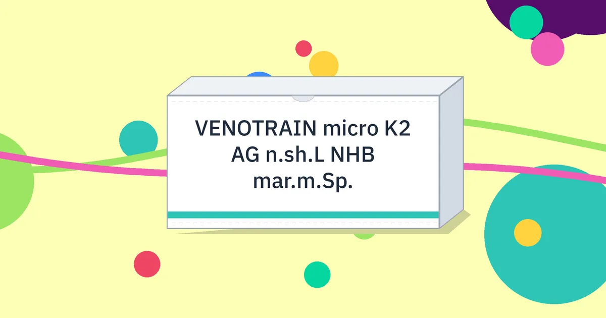 Symbolbild: Packung mit der Aufschrift VENOTRAIN micro K2 AG n.sh.L NHB mar.m.Sp. (PZN 06699277) – Verfügbarkeit und Bezug in Apotheken in Frankfurt am Main