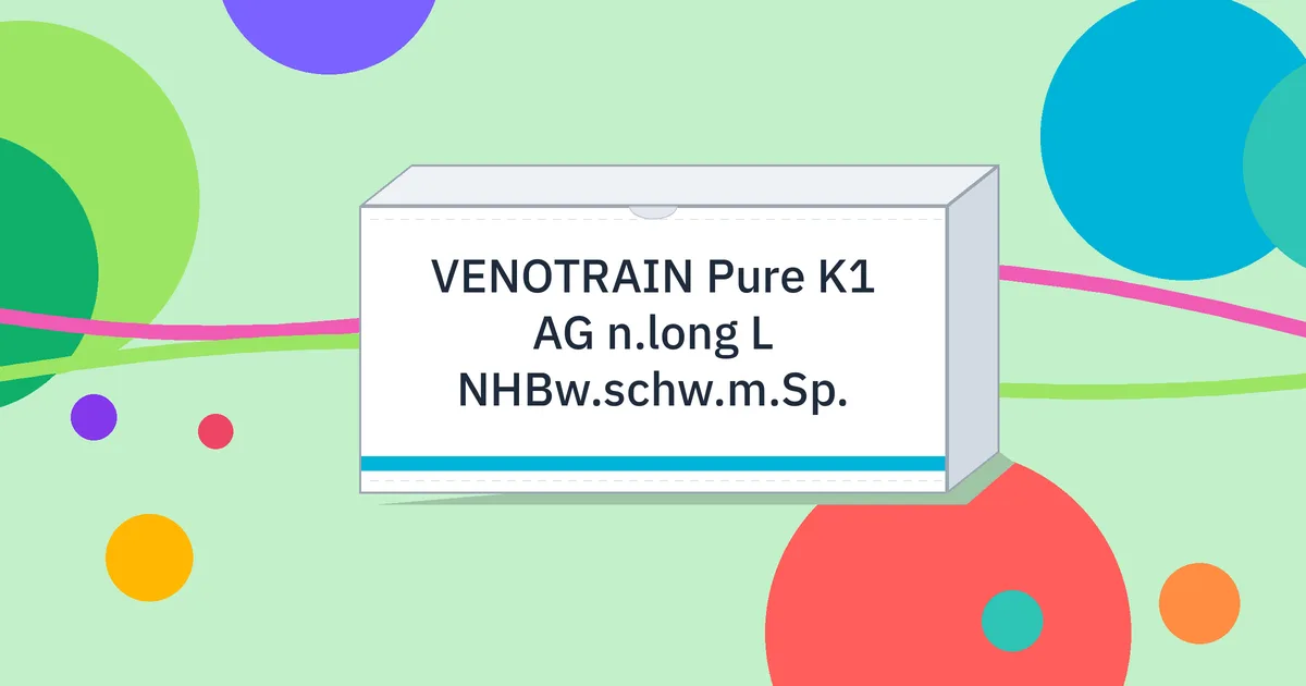 Symbolbild: Packung mit der Aufschrift VENOTRAIN Pure K1 AG n.long L NHBw.schw.m.Sp. (PZN 18145986) – Verfügbarkeit und Bezug in Apotheken in Frankfurt am Main