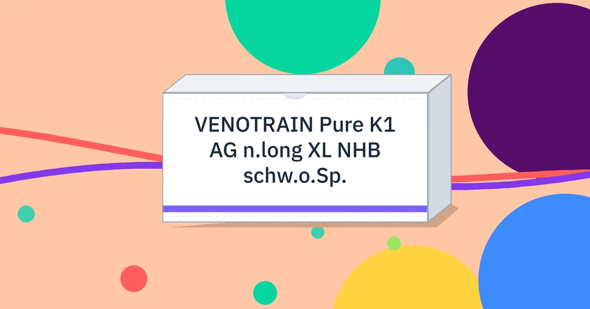 Symbolbild: Packung mit der Aufschrift VENOTRAIN Pure K1 AG n.long XL NHB schw.o.Sp. (PZN 18147749) – Verfügbarkeit und Bezug in Apotheken in Frankfurt am Main