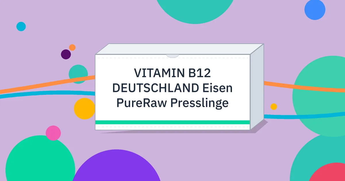 Symbolbild: Packung mit der Aufschrift VITAMIN B12 DEUTSCHLAND Eisen PureRaw Presslinge (PZN 16805875) – Verfügbarkeit und Bezug in Apotheken in Frankfurt am Main