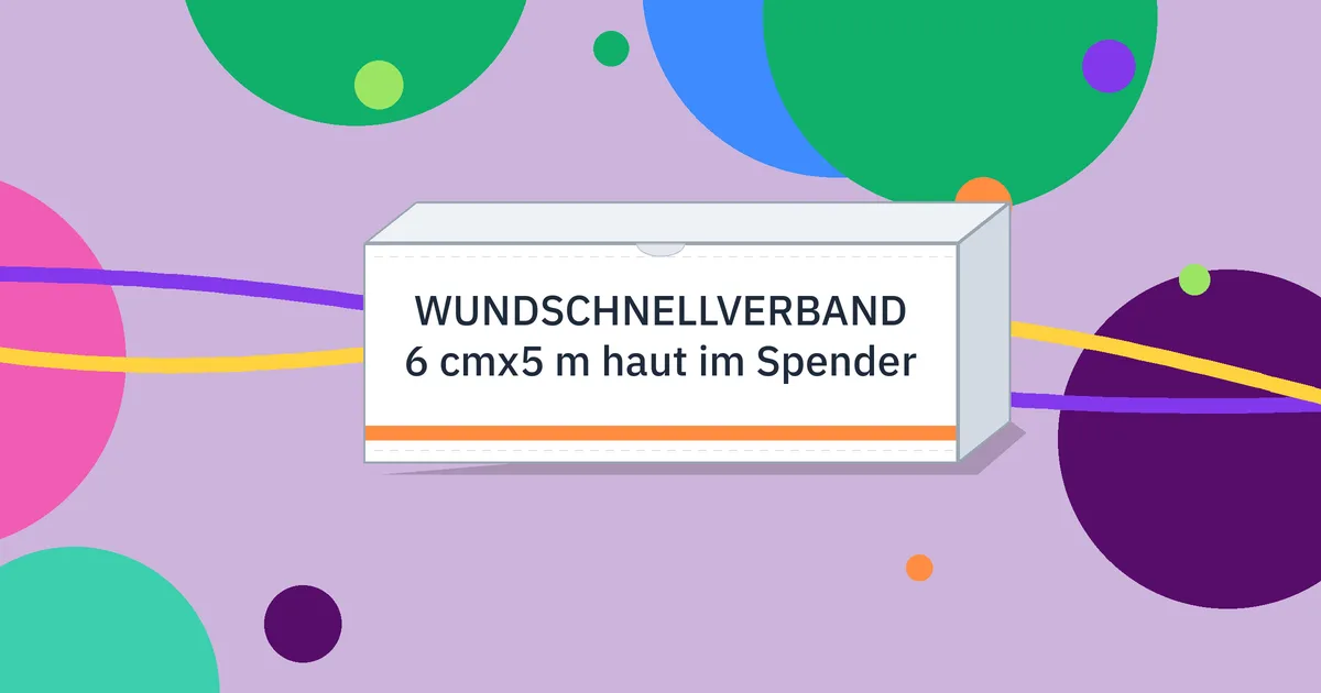 Symbolbild: Packung mit der Aufschrift WUNDSCHNELLVERBAND 6 cmx5 m haut im Spender (PZN 10539390) – Verfügbarkeit und Bezug in Apotheken in Frankfurt am Main