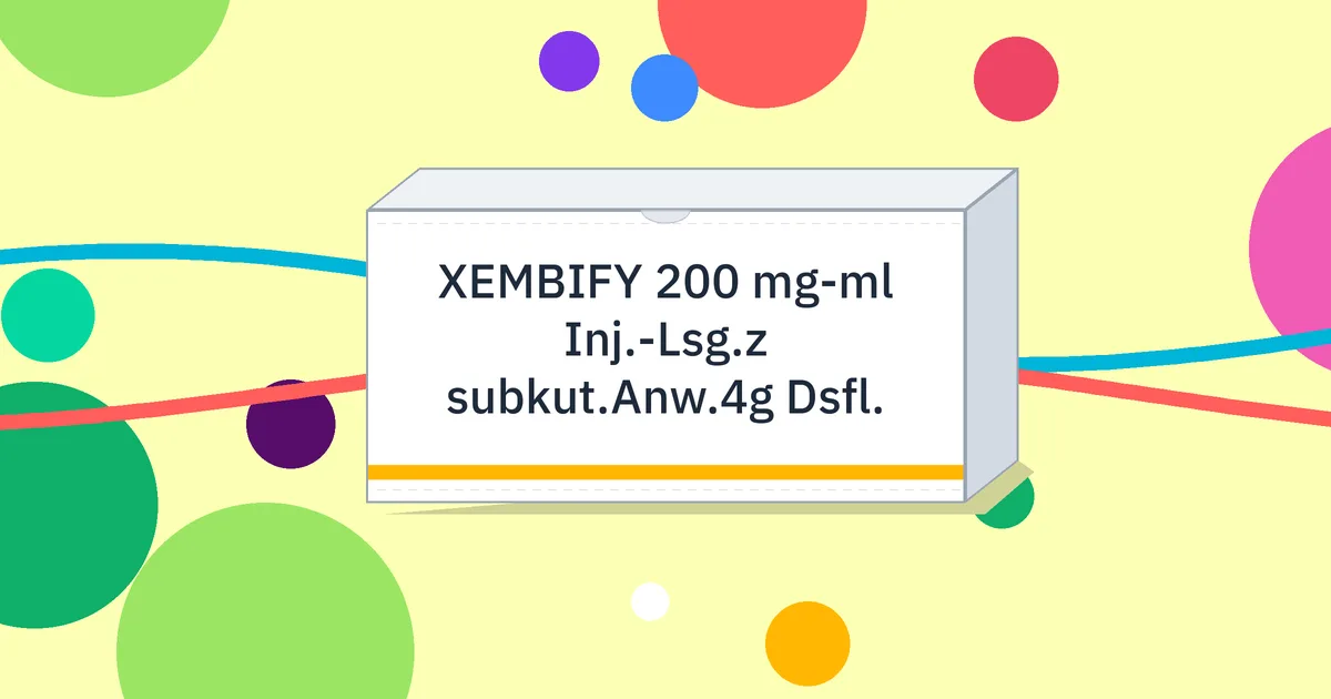 Symbolbild: Packung mit der Aufschrift XEMBIFY 200 mg-ml Inj.-Lsg.z subkut.Anw.4g Dsfl. (PZN 19399128) – Verfügbarkeit und Bezug in Apotheken in Frankfurt am Main