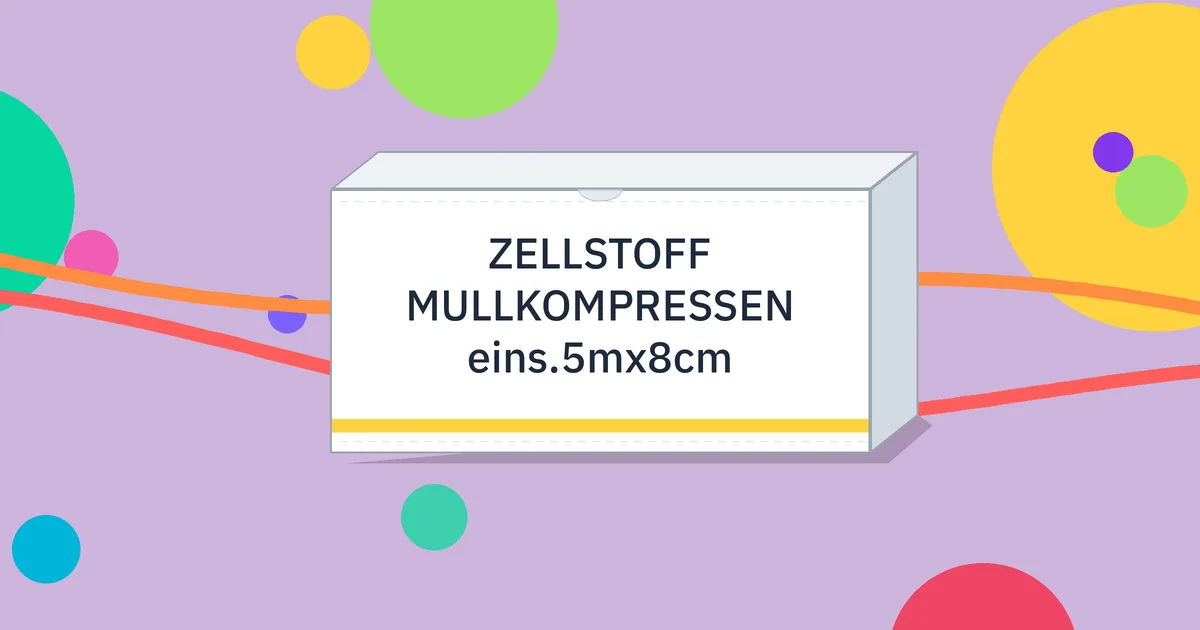 Symbolbild: Packung mit der Aufschrift ZELLSTOFF MULLKOMPRESSEN eins.5mx8cm (PZN 01722876) – Verfügbarkeit und Bezug in Apotheken in Frankfurt am Main