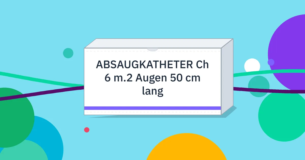 Symbolbild: Packung mit der Aufschrift ABSAUGKATHETER Ch 6 m.2 Augen 50 cm lang (PZN 02412089) – Verfügbarkeit und Bezug in Apotheken in Frankfurt am Main