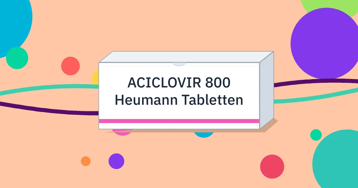 Symbolbild: Packung mit der Aufschrift ACICLOVIR 800 Heumann Tabletten (PZN 06977931) – Verfügbarkeit und Bezug in Apotheken in Frankfurt am Main