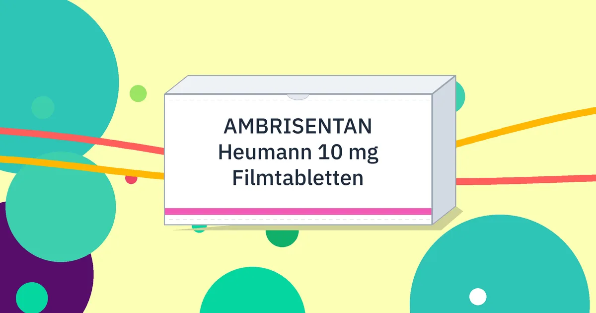 Symbolbild: Packung mit der Aufschrift AMBRISENTAN Heumann 10 mg Filmtabletten (PZN 15747101) – Verfügbarkeit und Bezug in Apotheken in Frankfurt am Main