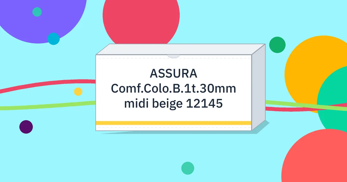 Symbolbild: Packung mit der Aufschrift ASSURA Comf.Colo.B.1t.30mm midi beige 12145 (PZN 08996080) – Verfügbarkeit und Bezug in Apotheken in Frankfurt am Main