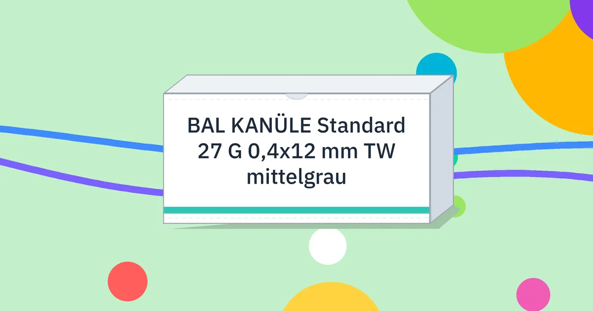Symbolbild: Packung mit der Aufschrift BAL KANÜLE Standard 27 G 0,4x12 mm TW mittelgrau (PZN 19124288) – Verfügbarkeit und Bezug in Apotheken in Frankfurt am Main