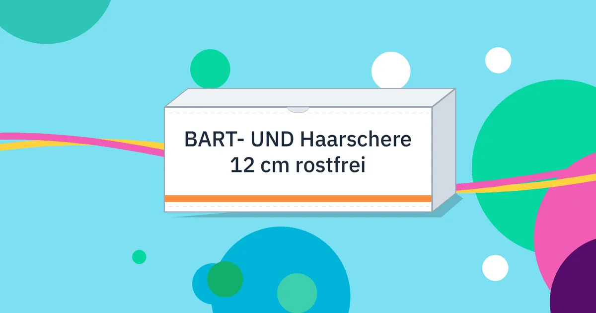 Symbolbild: Packung mit der Aufschrift BART- UND Haarschere 12 cm rostfrei (PZN 17287052) – Verfügbarkeit und Bezug in Apotheken in Frankfurt am Main
