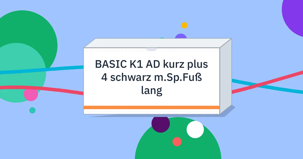Symbolbild: Packung mit der Aufschrift BASIC K1 AD kurz plus 4 schwarz m.Sp.Fuß lang (PZN 20258284) – Verfügbarkeit und Bezug in Apotheken in Frankfurt am Main