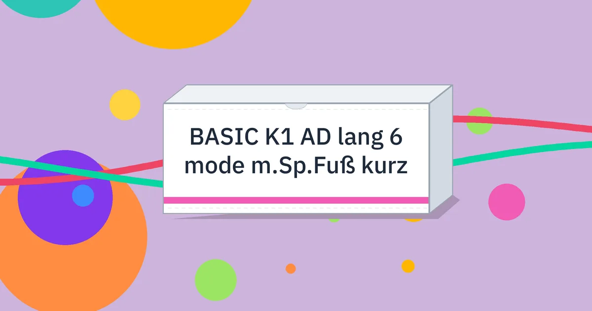 Symbolbild: Packung mit der Aufschrift BASIC K1 AD lang 6 mode m.Sp.Fuß kurz (PZN 20259355) – Verfügbarkeit und Bezug in Apotheken in Frankfurt am Main