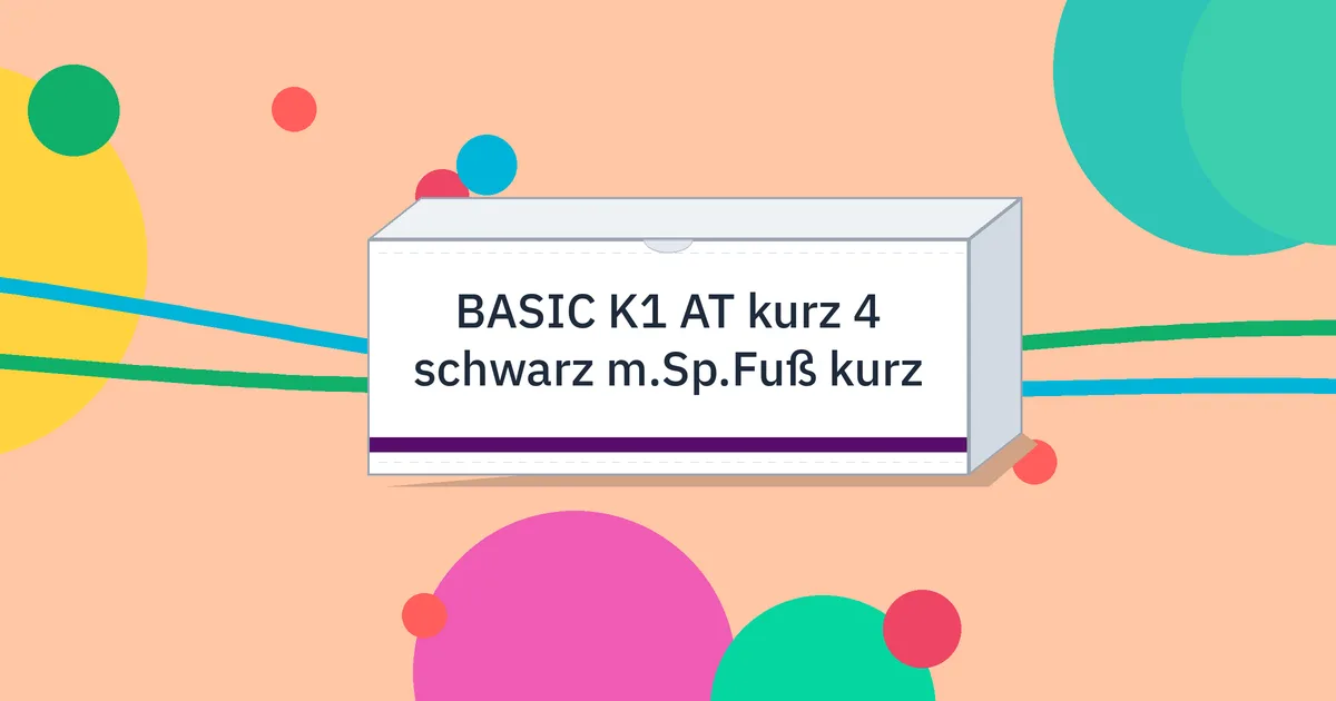 Symbolbild: Packung mit der Aufschrift BASIC K1 AT kurz 4 schwarz m.Sp.Fuß kurz (PZN 20262771) – Verfügbarkeit und Bezug in Apotheken in Frankfurt am Main