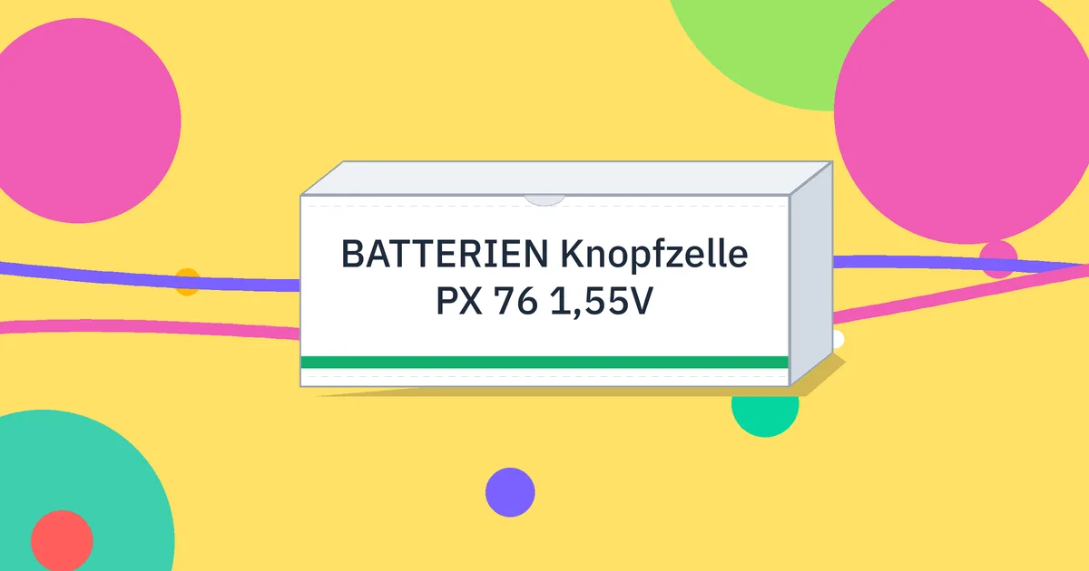 Symbolbild: Packung mit der Aufschrift BATTERIEN Knopfzelle PX 76 1,55V (PZN 08617384) – Verfügbarkeit und Bezug in Apotheken in Frankfurt am Main