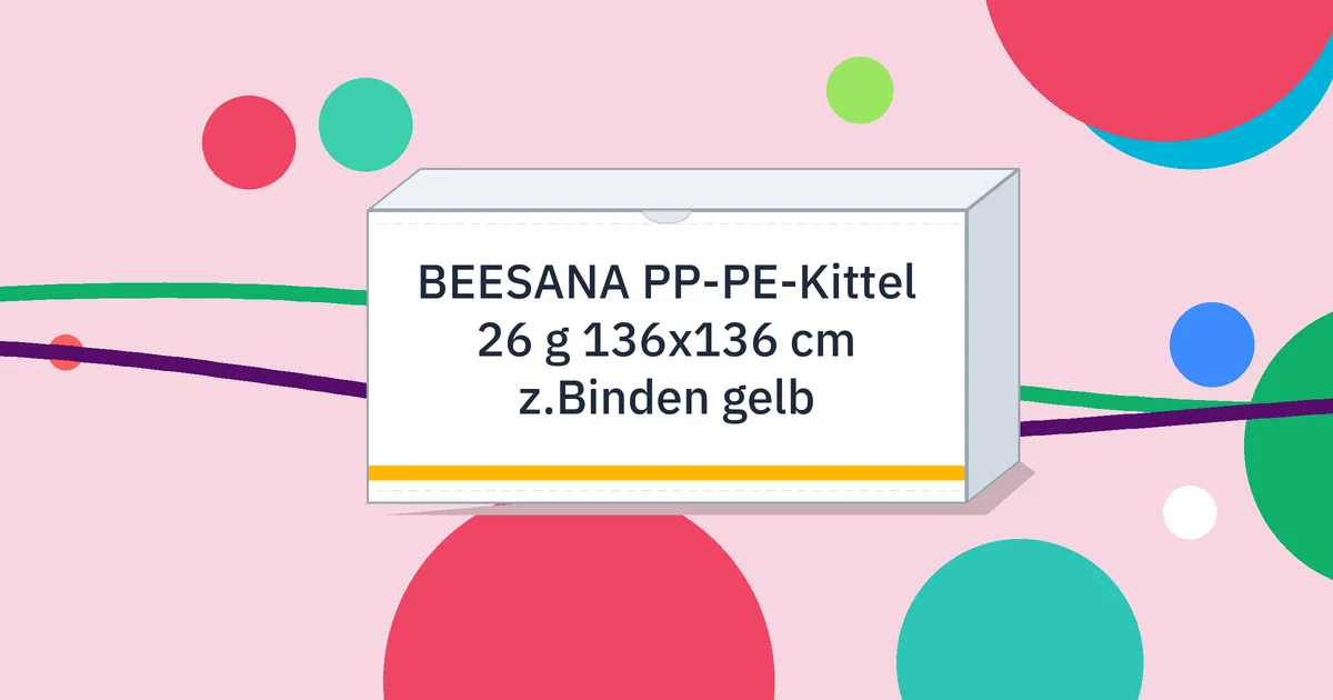 Symbolbild: Packung mit der Aufschrift BEESANA PP-PE-Kittel 26 g 136x136 cm z.Binden gelb (PZN 11642842) – Verfügbarkeit und Bezug in Apotheken in Frankfurt am Main