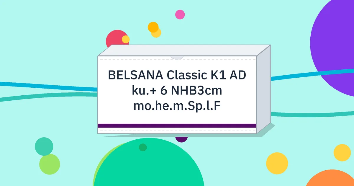 Symbolbild: Packung mit der Aufschrift BELSANA Classic K1 AD ku.+ 6 NHB3cm mo.he.m.Sp.l.F (PZN 19257279) – Verfügbarkeit und Bezug in Apotheken in Frankfurt am Main