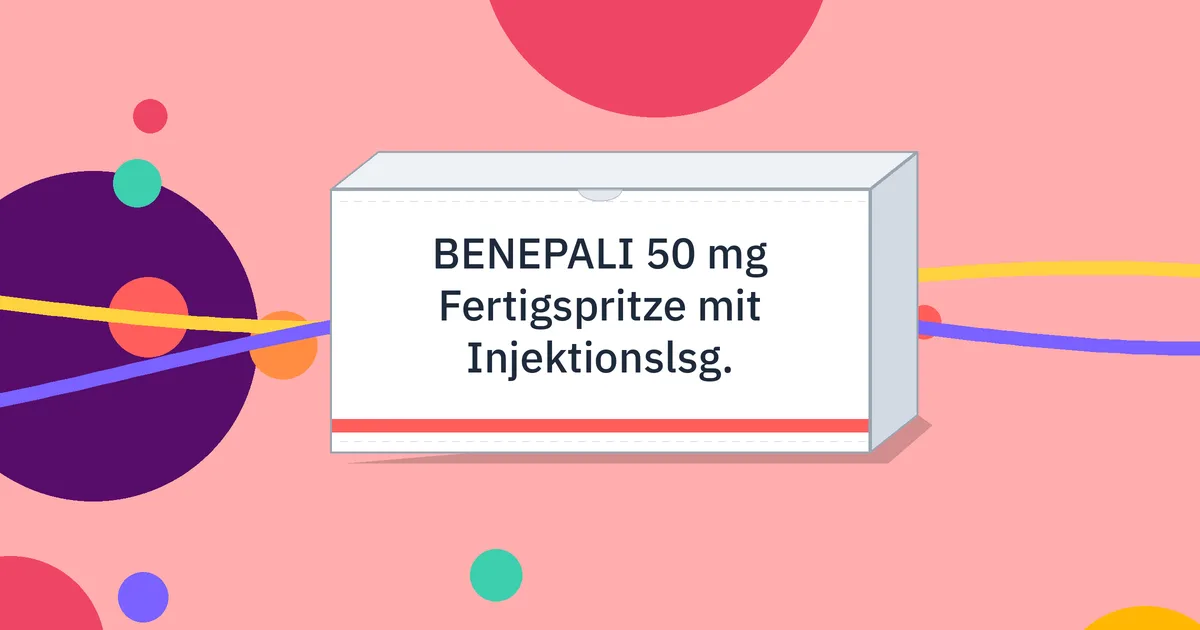 Symbolbild: Packung mit der Aufschrift BENEPALI 50 mg Fertigspritze mit Injektionslsg. (PZN 12733802) – Verfügbarkeit und Bezug in Apotheken in Frankfurt am Main