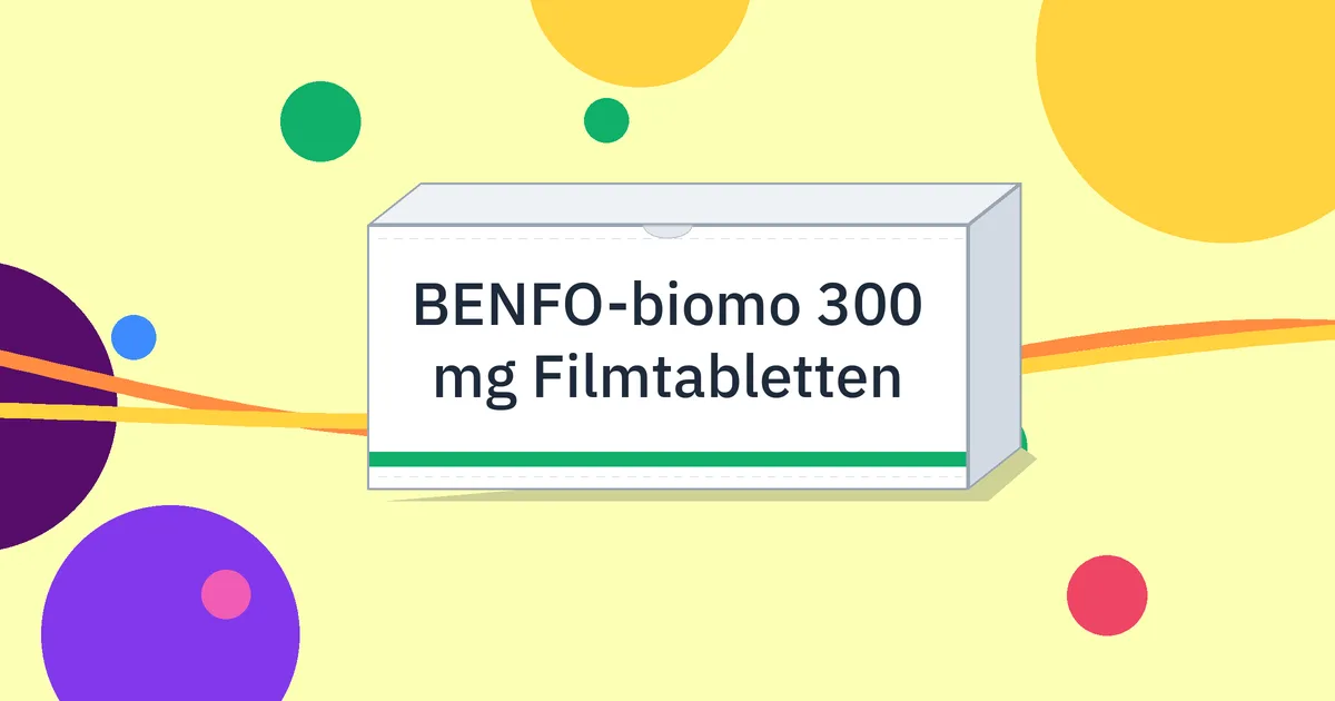 Symbolbild: Packung mit der Aufschrift BENFO-biomo 300 mg Filmtabletten (PZN 13711464) – Verfügbarkeit und Bezug in Apotheken in Frankfurt am Main