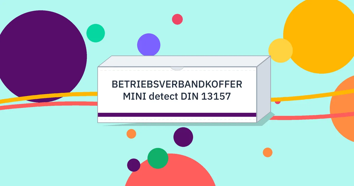 Symbolbild: Packung mit der Aufschrift BETRIEBSVERBANDKOFFER MINI detect DIN 13157 (PZN 12491434) – Verfügbarkeit und Bezug in Apotheken in Frankfurt am Main