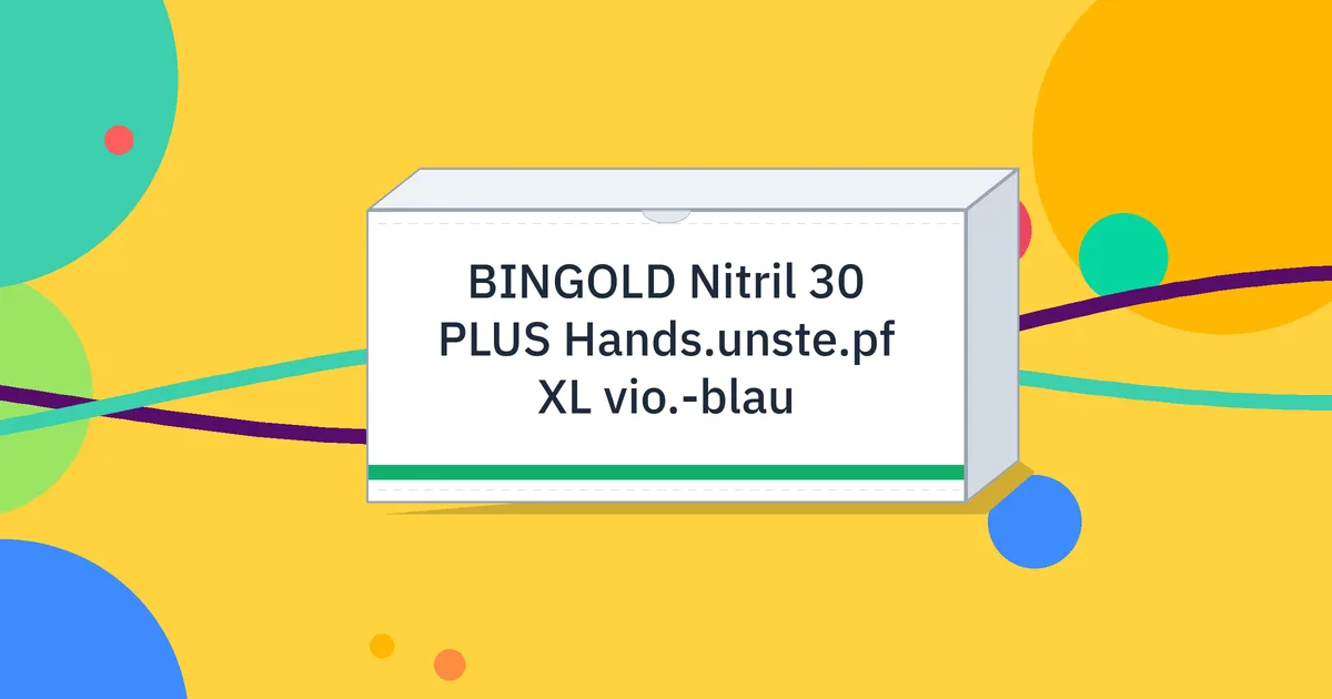 Symbolbild: Packung mit der Aufschrift BINGOLD Nitril 30 PLUS Hands.unste.pf XL vio.-blau (PZN 17384387) – Verfügbarkeit und Bezug in Apotheken in Frankfurt am Main