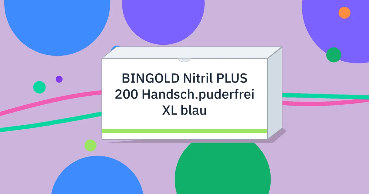 Symbolbild: Packung mit der Aufschrift BINGOLD Nitril PLUS 200 Handsch.puderfrei XL blau (PZN 13542228) – Verfügbarkeit und Bezug in Apotheken in Frankfurt am Main