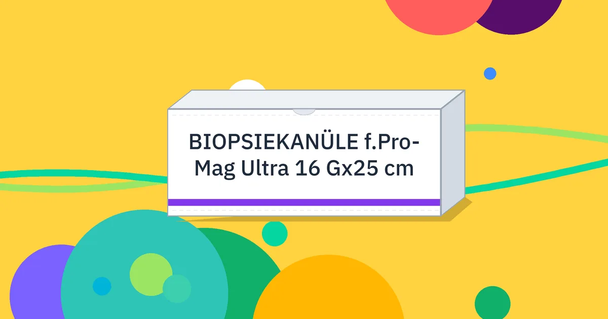 Symbolbild: Packung mit der Aufschrift BIOPSIEKANÜLE f.Pro-Mag Ultra 16 Gx25 cm (PZN 04502968) – Verfügbarkeit und Bezug in Apotheken in Frankfurt am Main