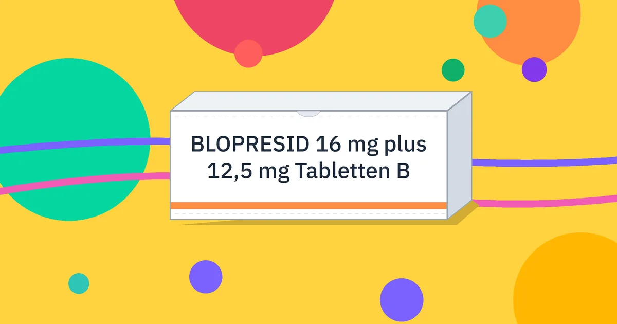 Symbolbild: Packung mit der Aufschrift BLOPRESID 16 mg plus 12,5 mg Tabletten B (PZN 09104008) – Verfügbarkeit und Bezug in Apotheken in Frankfurt am Main