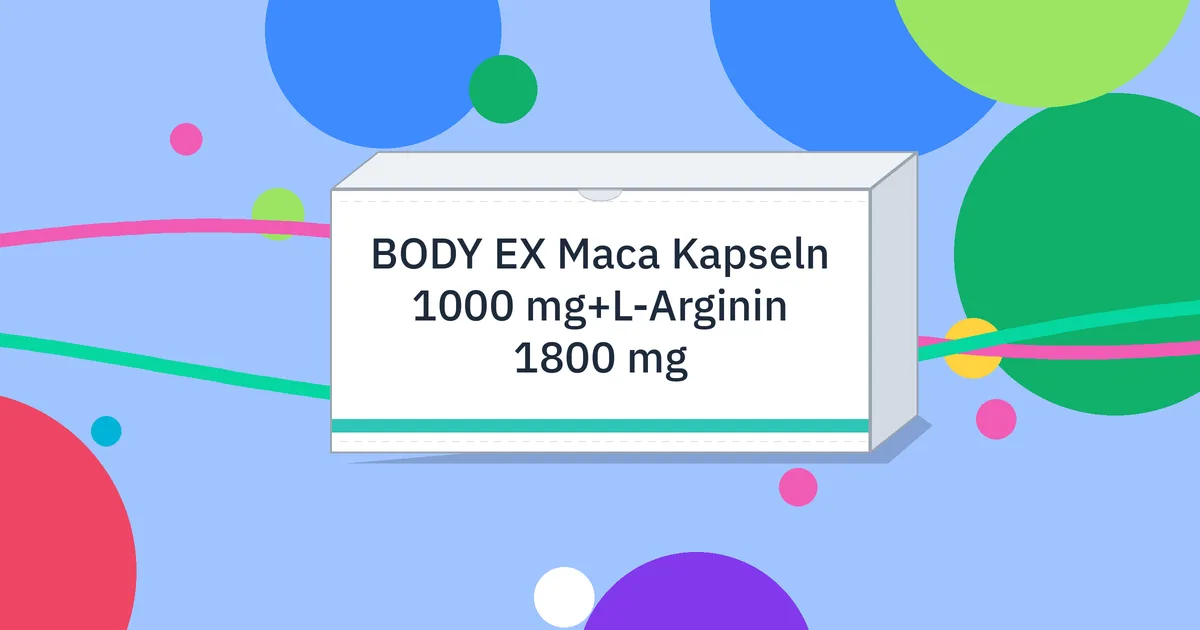 Symbolbild: Packung mit der Aufschrift BODY EX Maca Kapseln 1000 mg+L-Arginin 1800 mg (PZN 18061367) – Verfügbarkeit und Bezug in Apotheken in Frankfurt am Main