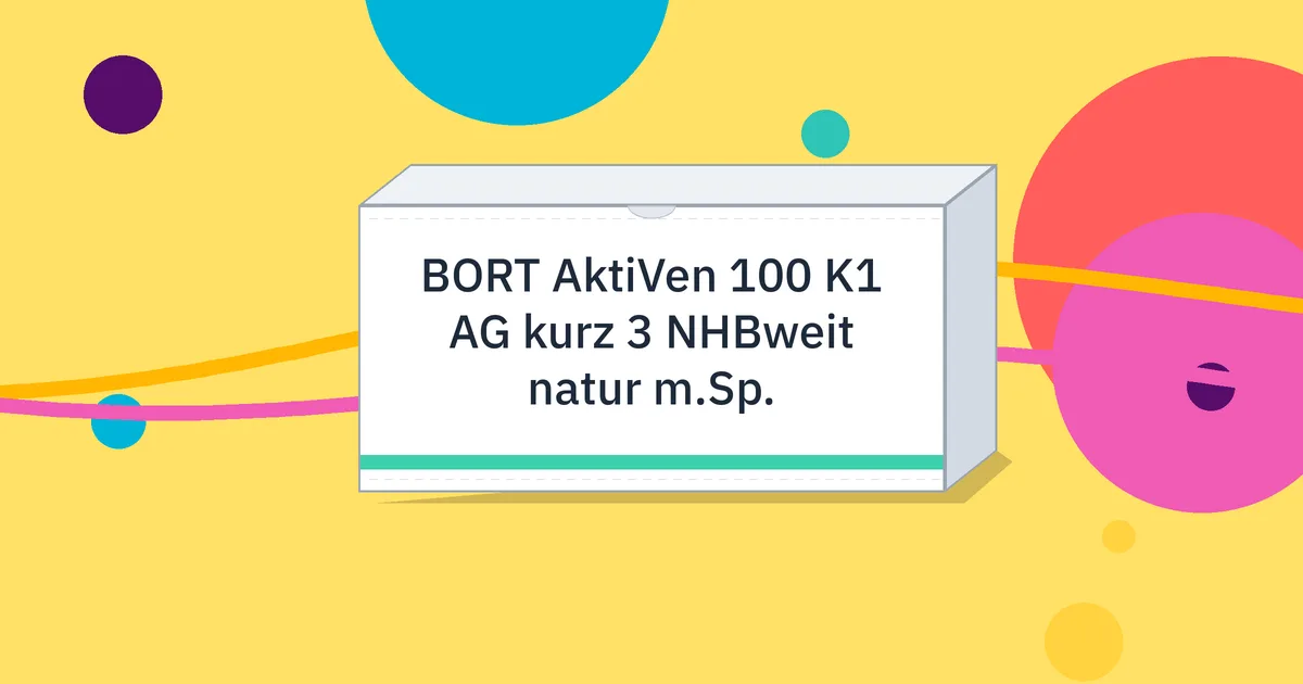 Symbolbild: Packung mit der Aufschrift BORT AktiVen 100 K1 AG kurz 3 NHBweit natur m.Sp. (PZN 13729978) – Verfügbarkeit und Bezug in Apotheken in Frankfurt am Main